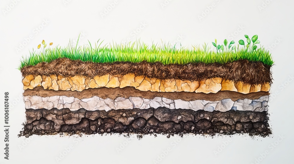A drawing shows different layers of soil underground. You can see green ...