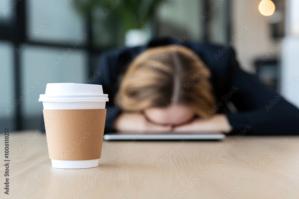 Woman lies with her head on the table. In front of her is laptop and cup of coffee. Problems and ...