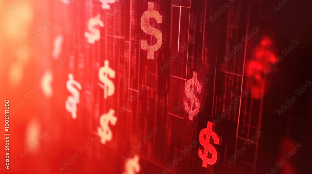 illustration of a red downward trend line with falling money symbols in ...