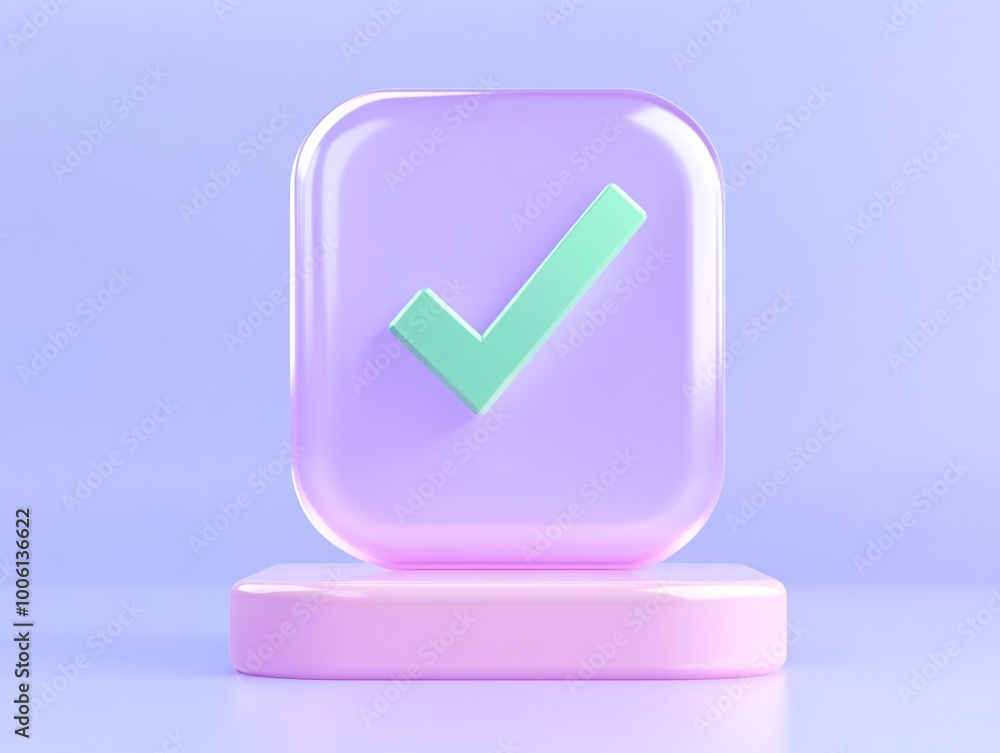 Stylish check mark icon in a colorful glass design against a soft ...