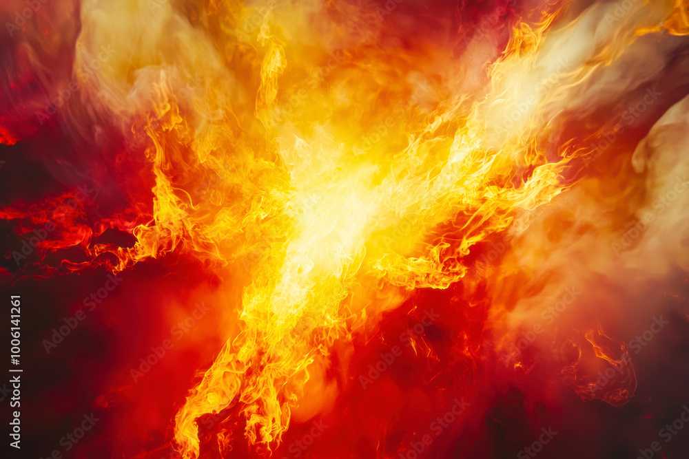 Dramatic fire and smoke effect glowing red and yellow colors exploding ...