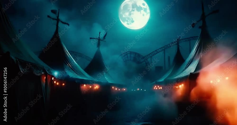 An eerie haunted circus at night under a full moon smoke is everywhere ...