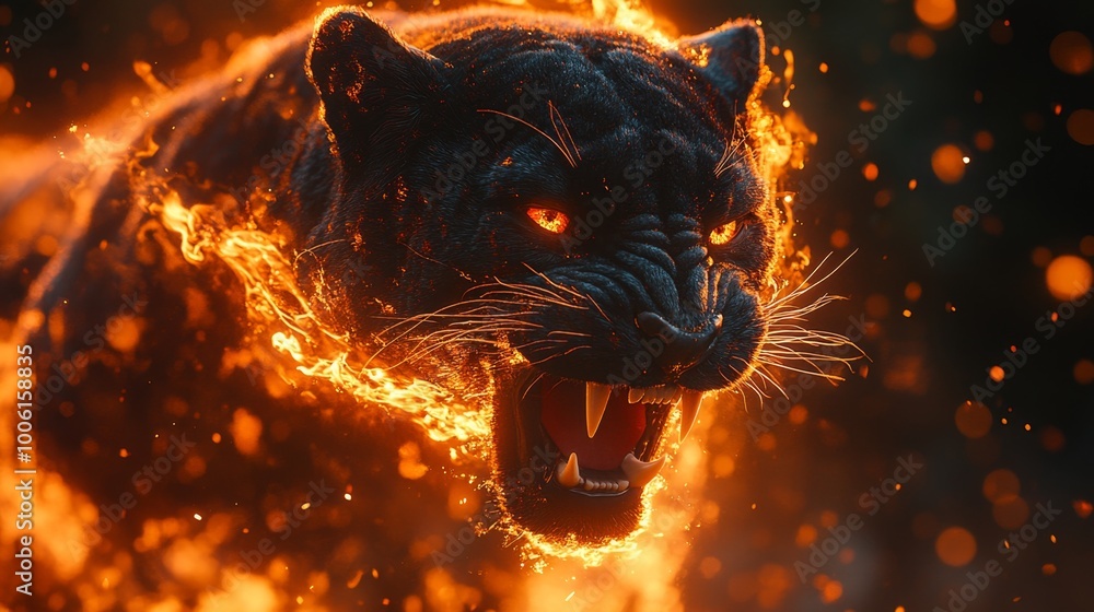 Angry black jaguar with gaping mouth and fiery mane, Glowing yellow ...