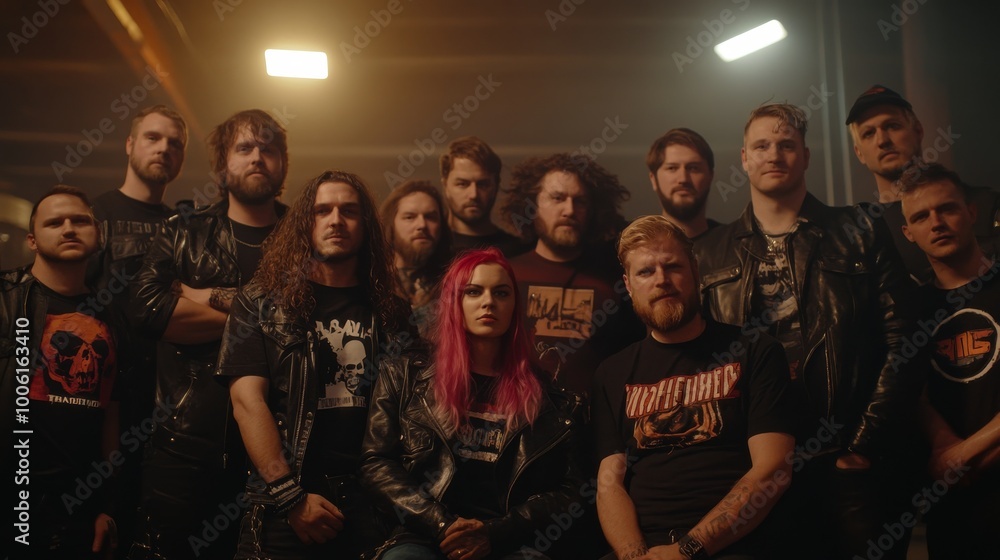 A vibrant gathering of heavy metal enthusiasts stands confidently ...