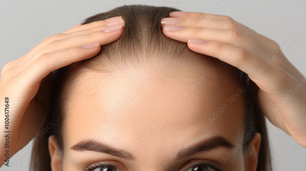 A young woman points to bald patches on her forehead and temples. She's ...