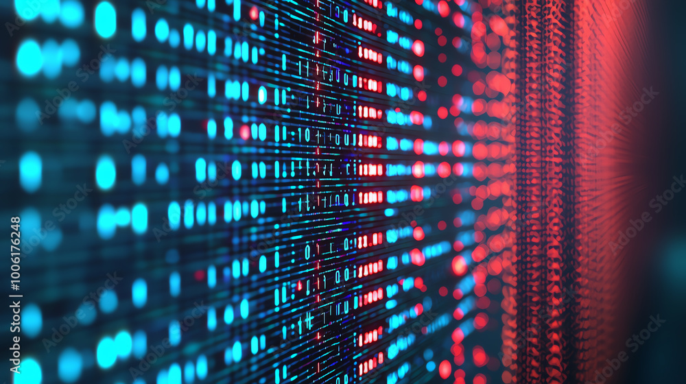 Digital binary characters scrolling rapidly on a terminal, side view ...