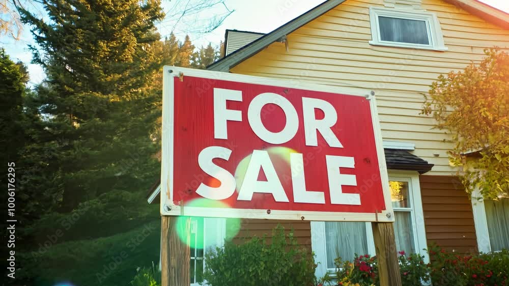 A red "For Sale" sign stands in front of a house in a sunny suburban ...