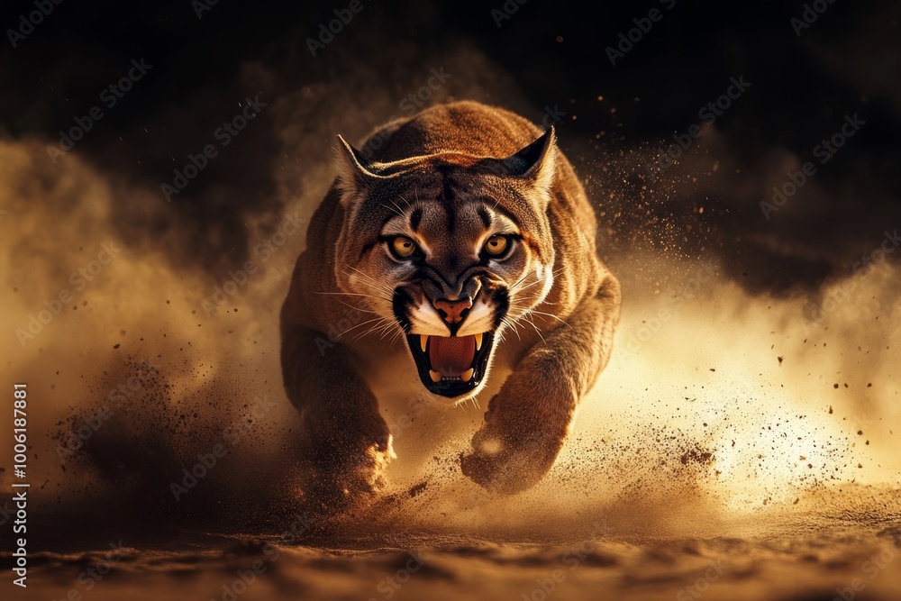 Beautiful big puma with dust and fire on black background. Wildlife ...