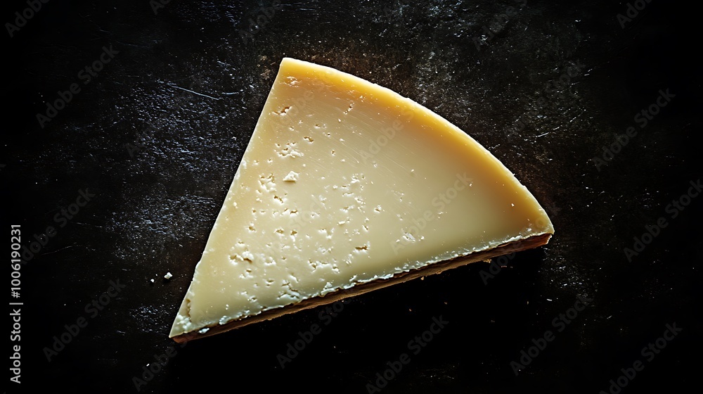 Single wedge of Asiago cheese with a creamy texture, softly illuminated ...