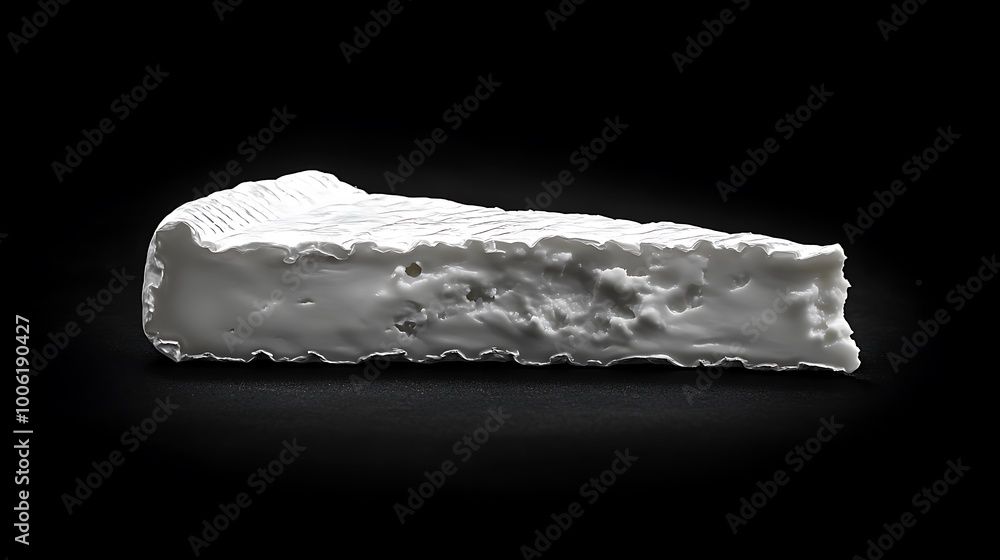 Single wedge of Brie cheese with a creamy white surface, positioned on ...
