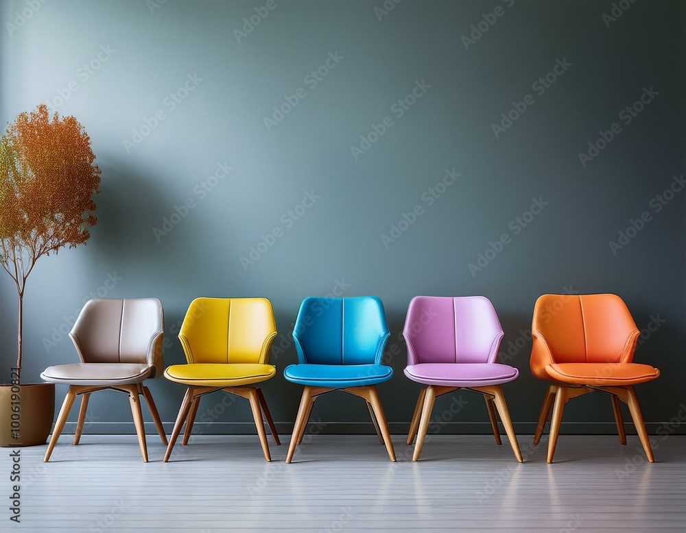 modern design of chairs in various colors artfully arranged in front of ...