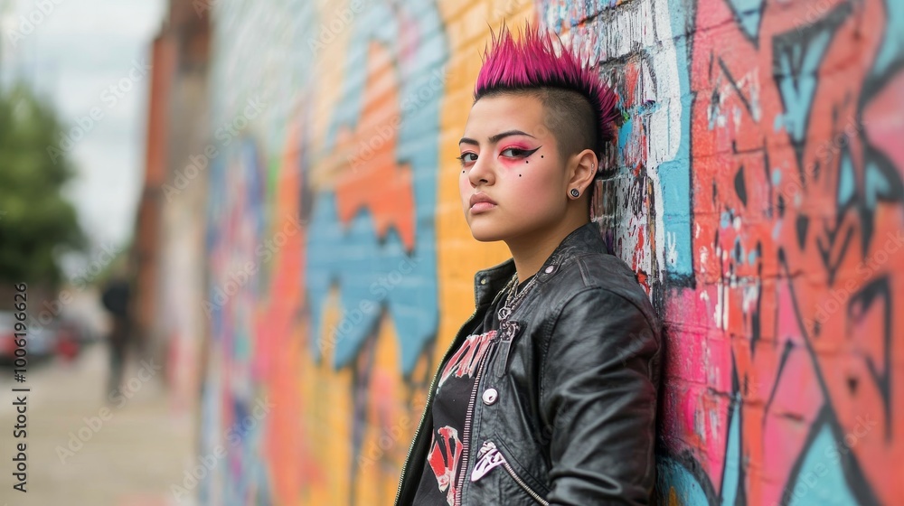 A young individual stands confidently against a graffiti-covered wall ...