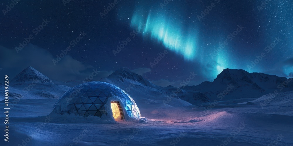 A serene igloo under a vibrant northern lights display in a snowy ...