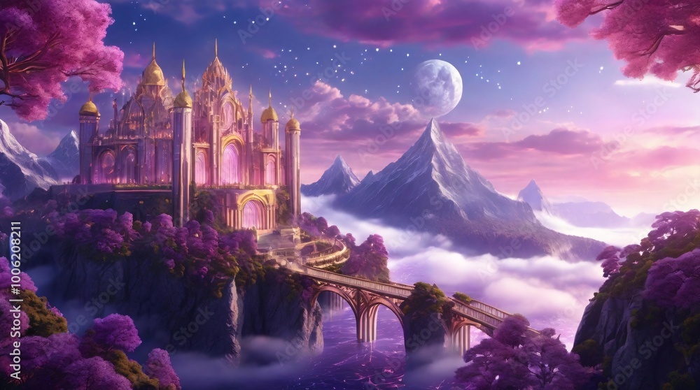 Fantasy world. Magnificent palaces floating above the clouds with tall ...