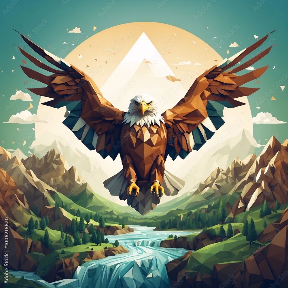 2D poster design in low poly style featuring an eagle with wings spread ...