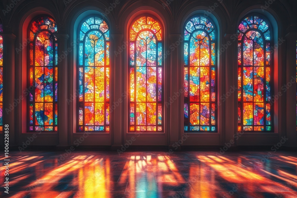 illuminated stained glass windows of a church casting colorful light ...