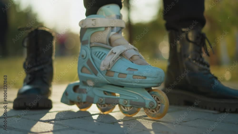 A close-up shot of a person wearing a light blue rollerblade on one ...