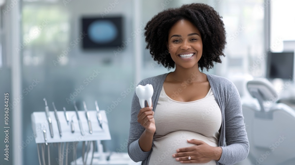 A cheerful pregnant woman is in a dental clinic, showcasing a tooth ...