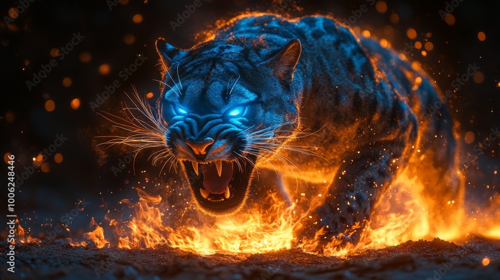 Angry puma with open mouth and fiery mane, Glowing eyes, jumping, blue ...