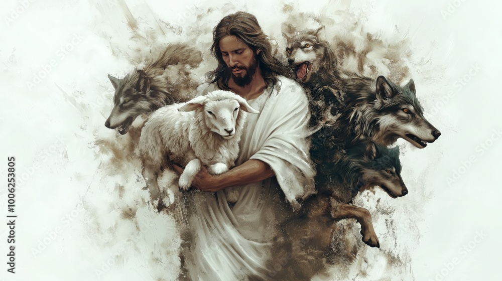Jesus is carrying a sheep and fighting with wolves on the right side of ...