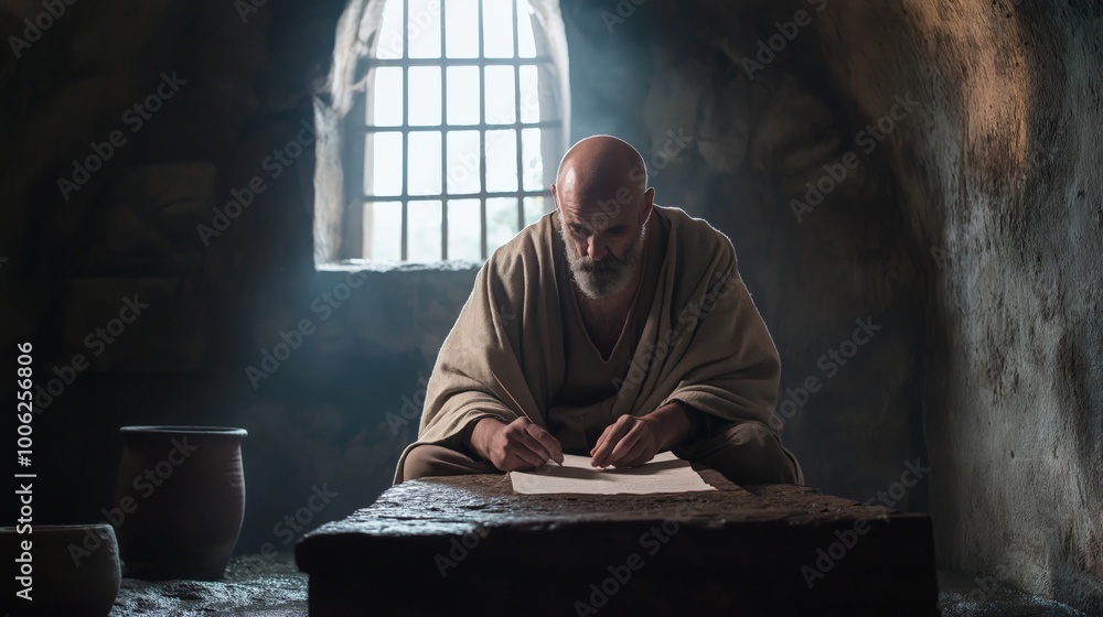 Apostle Paul, sits on a rough stone bench inside a dimly lit Roman ...