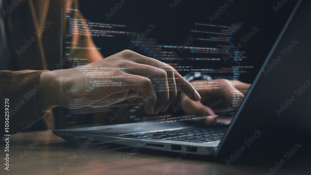 Software development concept. Hands typing on laptop with programming code on screen ...