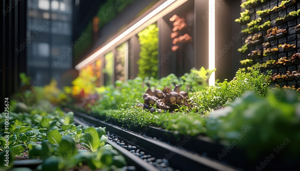 Urban farming project with lush greenery, rooftop garden, vibrant ...