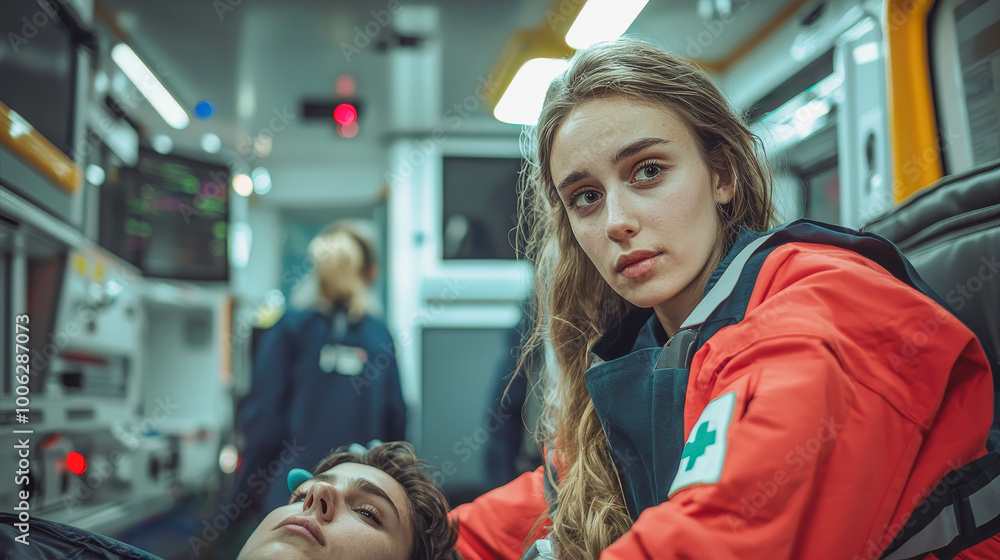 Emergency medical care assistant puts her hand on victims head in a ...