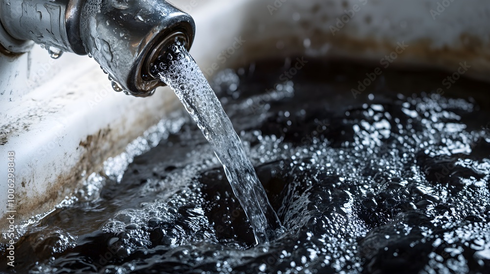 Clear water flowing from a tap gradually transforms into dark, polluted ...