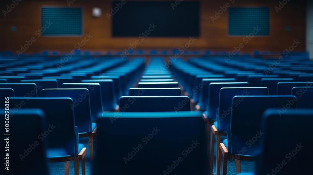 The university lecture hall features neatly arranged blue chairs facing ...