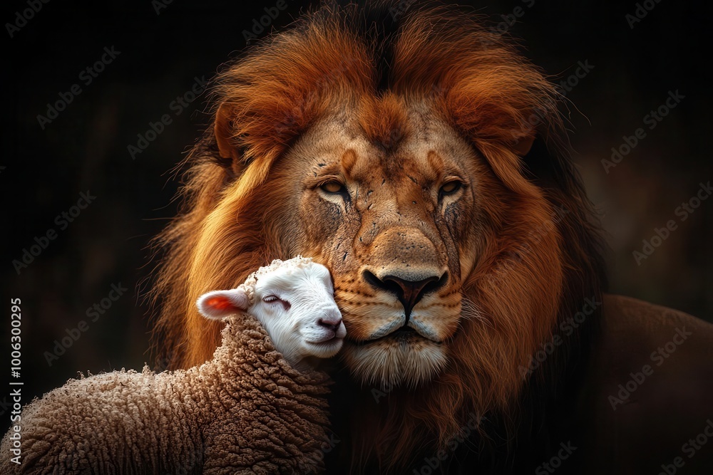 striking image of a lion and a lamb harmoniously coexisting against a ...