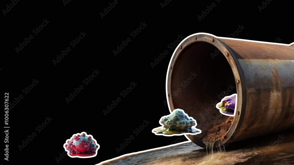 A rusty industrial waste pipe spews various chemicals and slime into ...