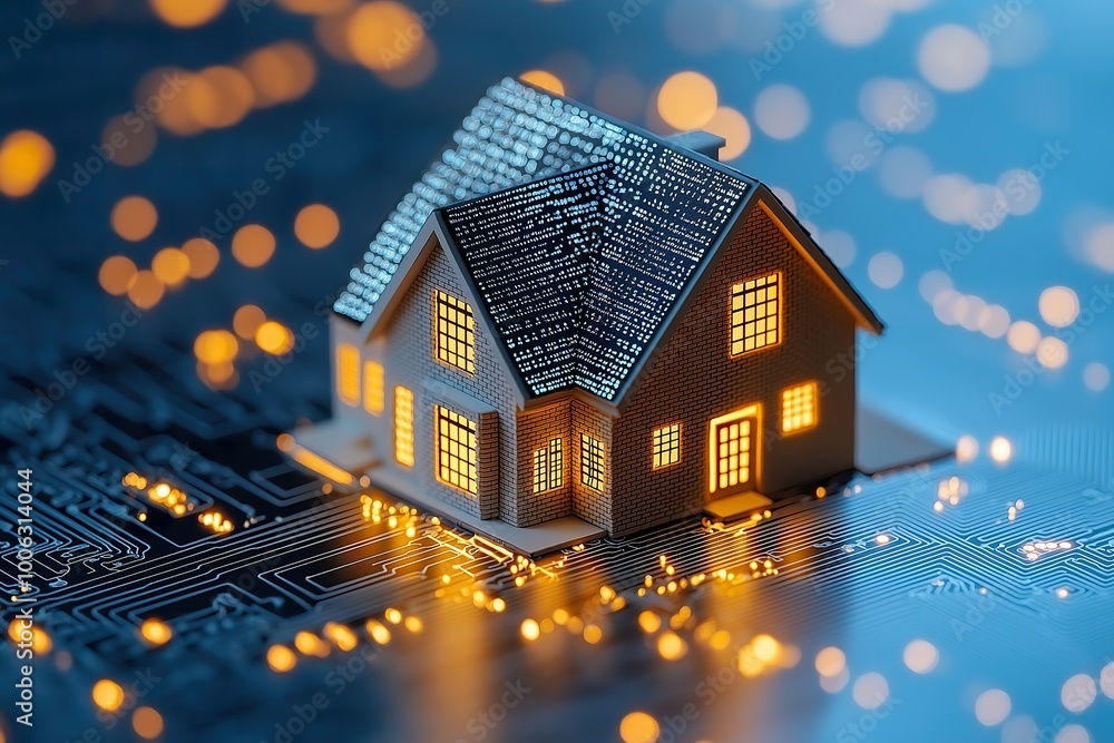 Smart home model illuminated against a digital circuit background ...
