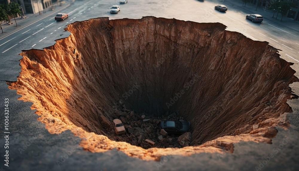 Giant sinkhole opening in the middle of a busy street, cars falling in ...