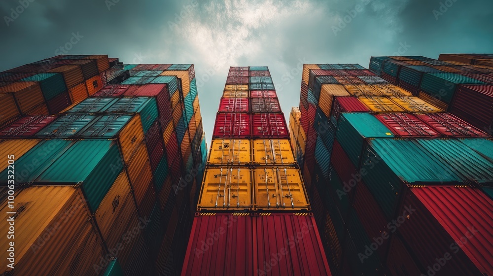 Container ship at sea, stacked high with multicolored containers for ...