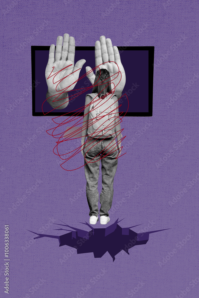 Vertical picture collage young girl stand backwards screen watch palms ...