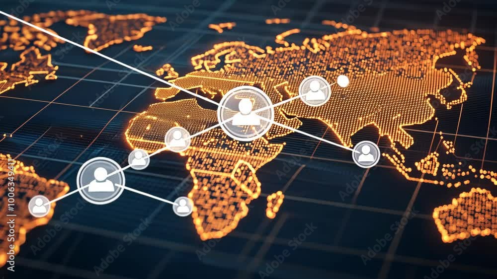 A digital world map with glowing orange continents and white circles ...