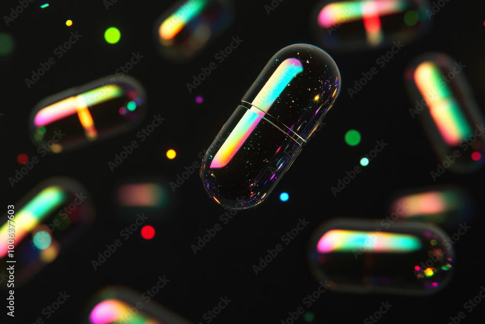 Iridescent black pill capsules suspended in air, glowing with soft ...