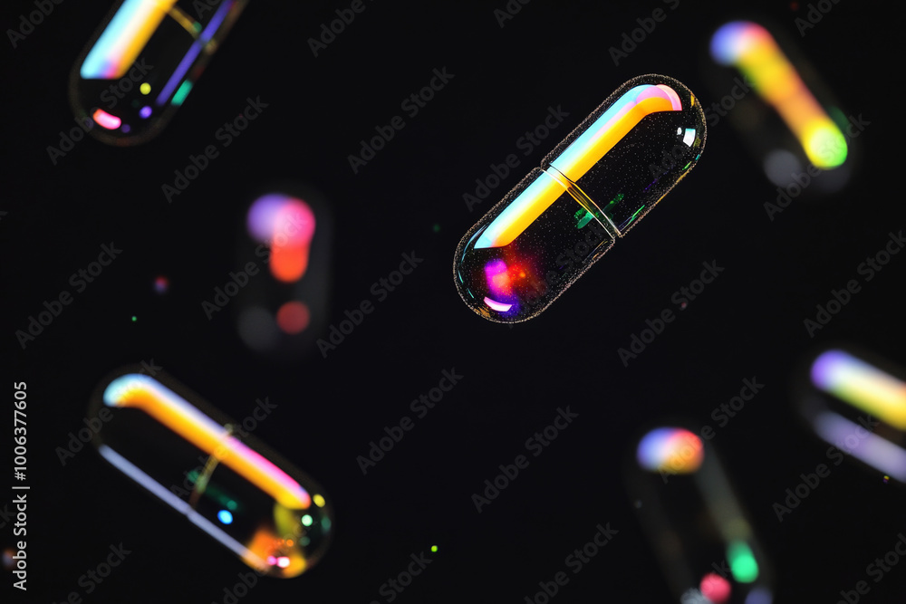 Iridescent black pill capsules suspended in air, glowing with soft ...