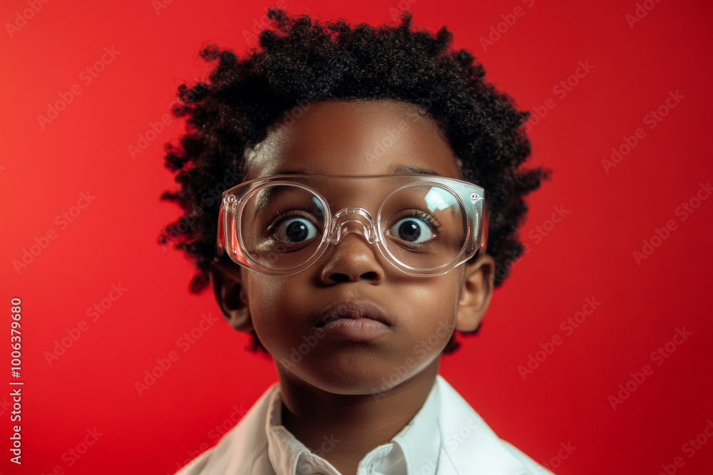 Black boy scientist with soot-smudged cheeks, standing wide-eyed with ...