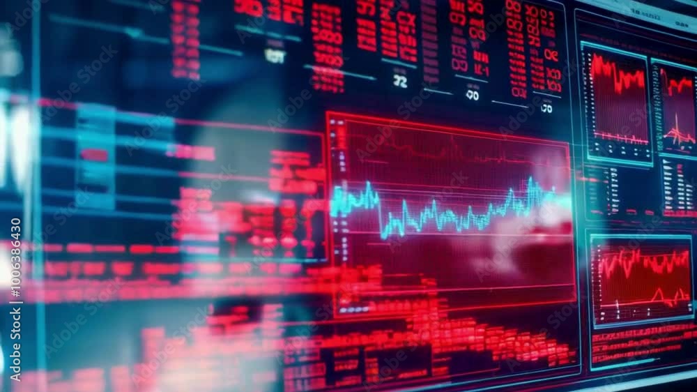 Close-up of a computer monitor displaying a futuristic control panel ...