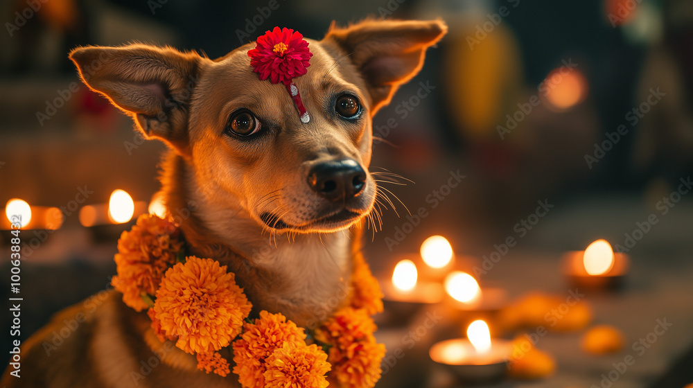 Tihar Festival in Nepal, dogs decorated with marigold flower necklaces ...