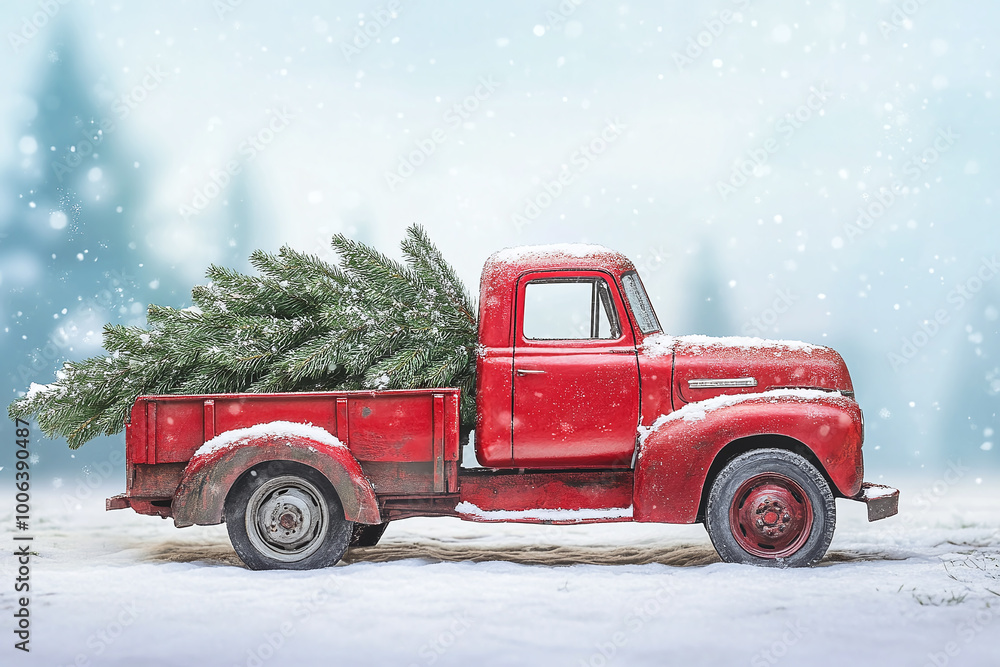 Vintage red christmas truck carrying a fir tree. Festive background ...