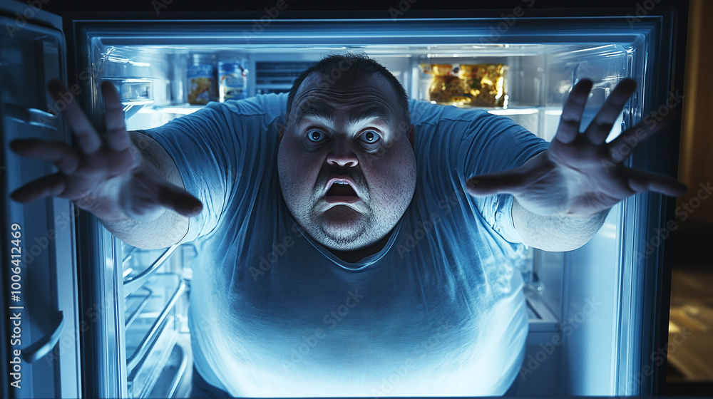 Extreme close-up of an obese shocked man looking in completely empty ...