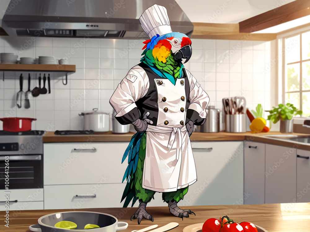 animal parrot in a chef's costume in the kitchen AI generated Stock ...