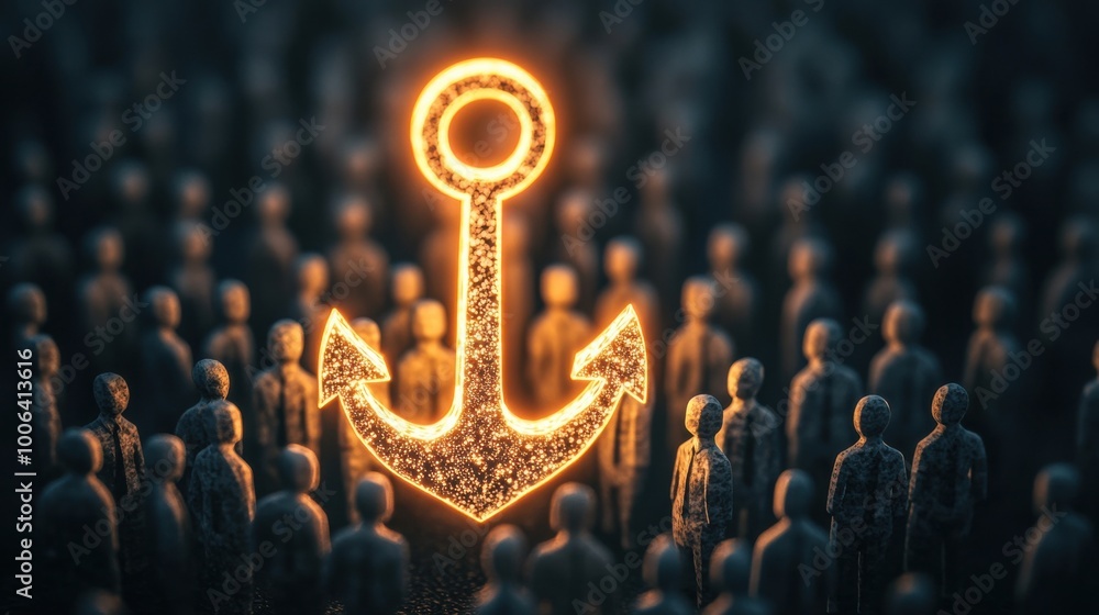 A glowing anchor attached to a group of floating figures, representing ...