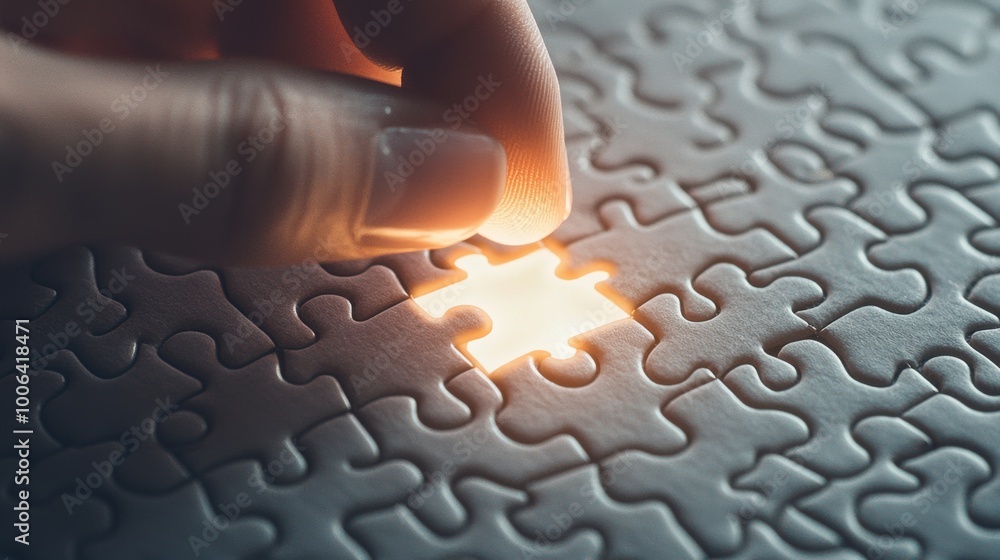 A hand holding a glowing puzzle piece being placed into a large, nearly ...