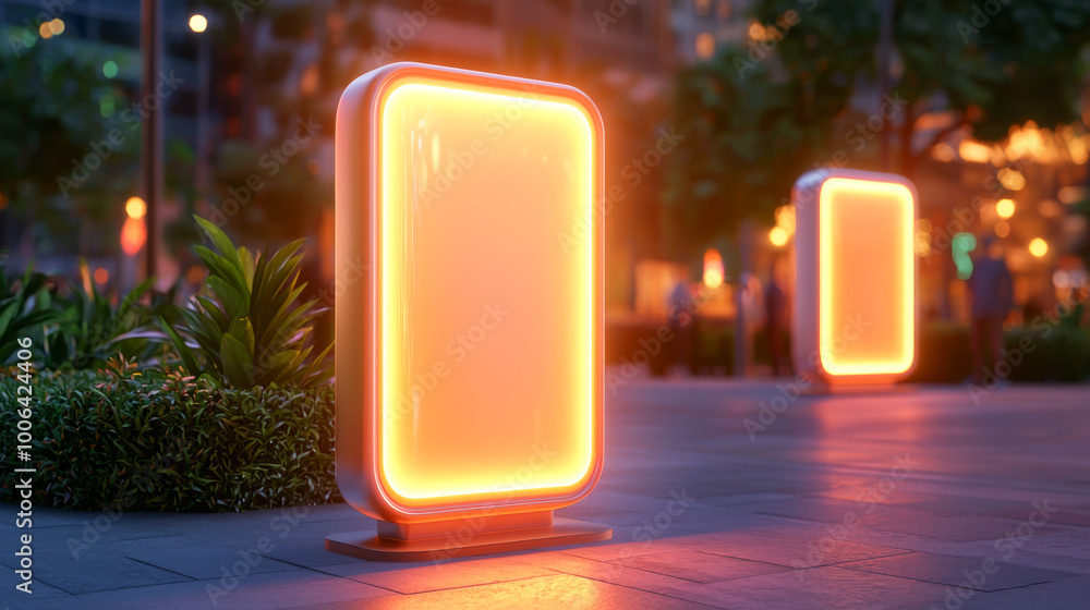 Bright illuminated signs glowing in a modern urban setting at night ...