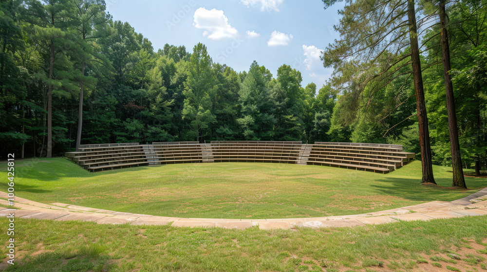 Amphitheater stage surrounded by lush grass, shaded by towering trees ...