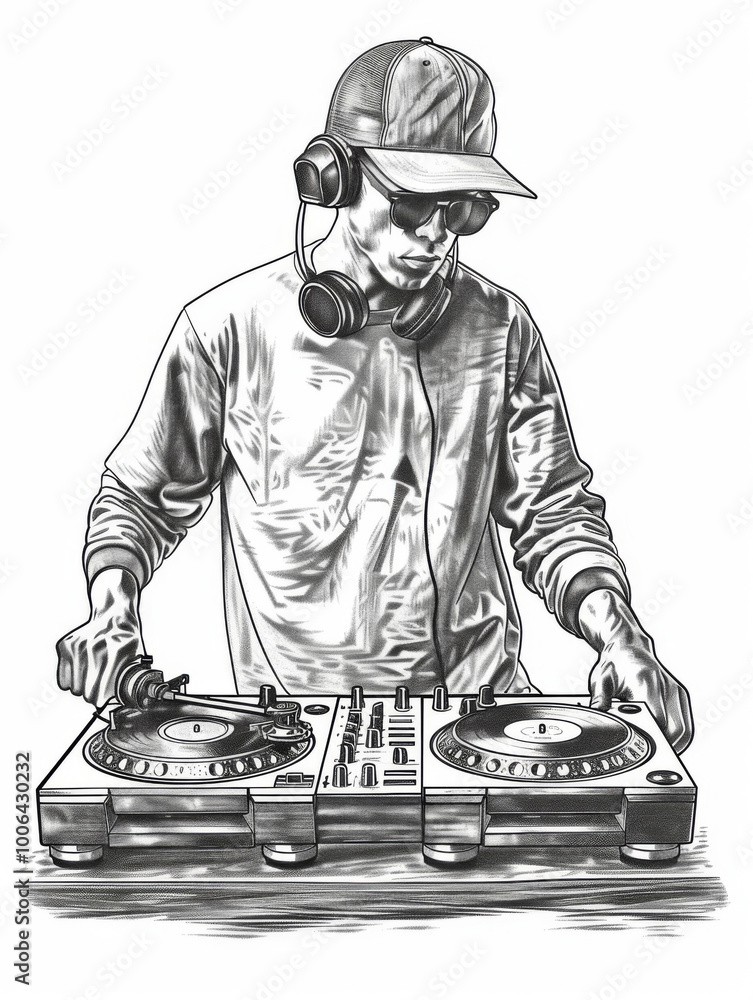 DJ in black and white sketch style. A man wearing a headset, standing ...